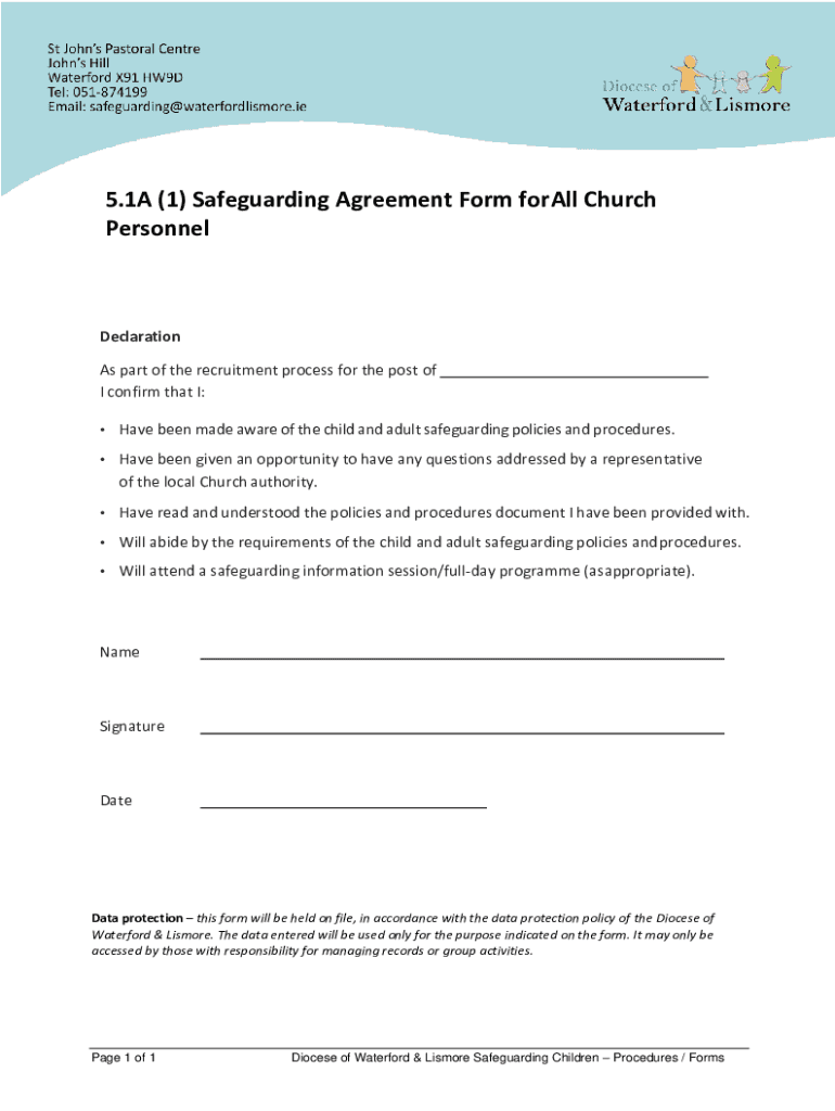 Fillable Online 5.1A (1) Safeguarding Agreement Form for All Church ...
