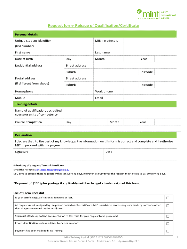 Fillable Online Request form- Reissue of Qualification/Certificate Fax ...