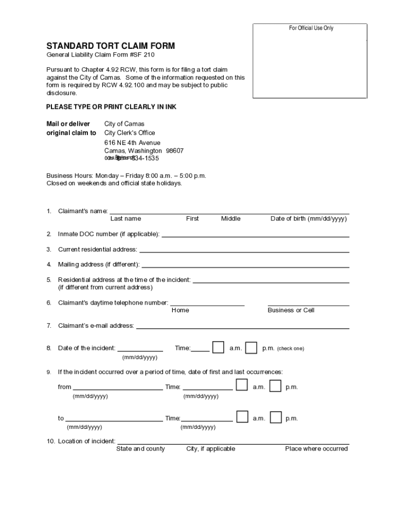 Fillable Online Standard Tort Claim Form Packet - Lake Stevens School ...