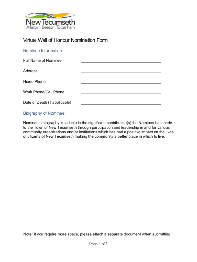 Fillable Online Virtual Wall of Honour Nomination Form Fax Email Print - pdfFiller
