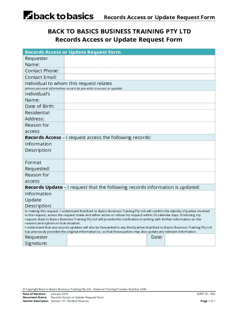 Fillable Online Records Access or Update Request Form - Basics Fax ...
