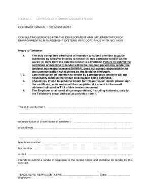 Fillable Online form a1.1: certificate of intention to submit a tender ...