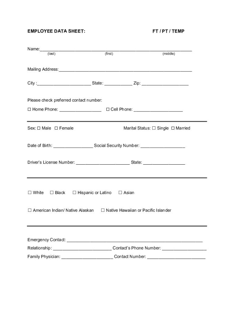 Fillable Online EMPLOYEE DATA SHEET: FT / PT / TEMP - Llano County Fax ...