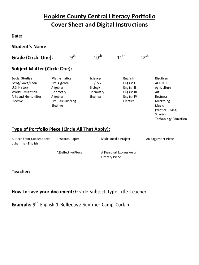Fillable Online Hopkins County Central Literacy Portfolio Cover Sheet ...