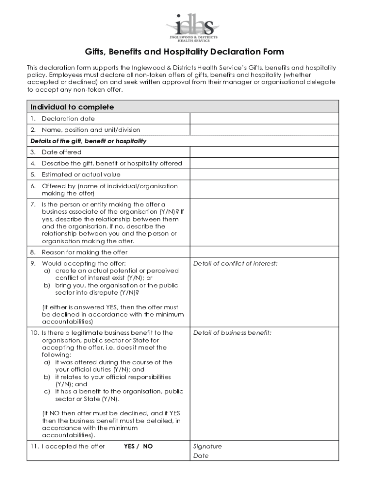 Fillable Online Sample gifts, benefits and hospitality declaration form ...