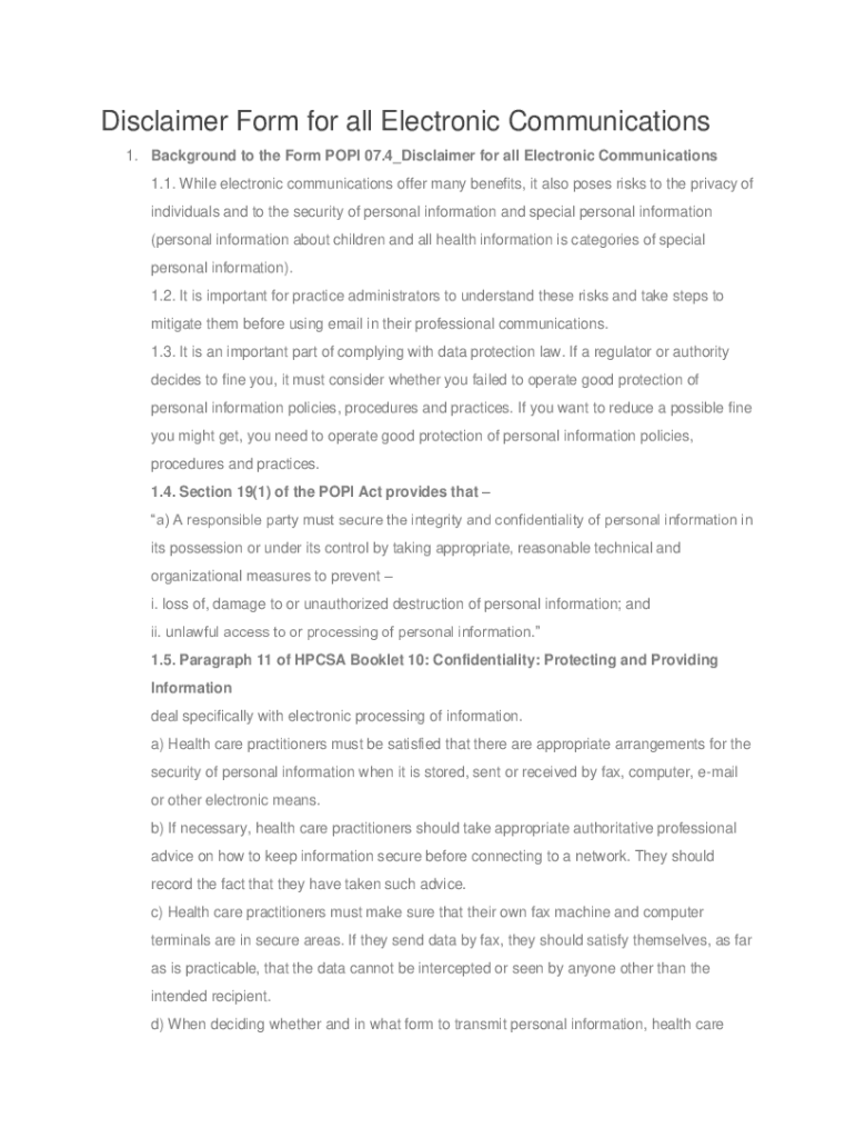 Fillable Online Disclaimer Form for all Electronic Communications Fax ...