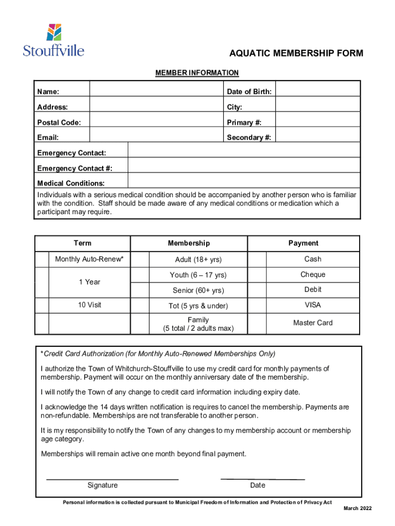 Fillable Online Aquatic Membership Registration Form. Aquatic ...