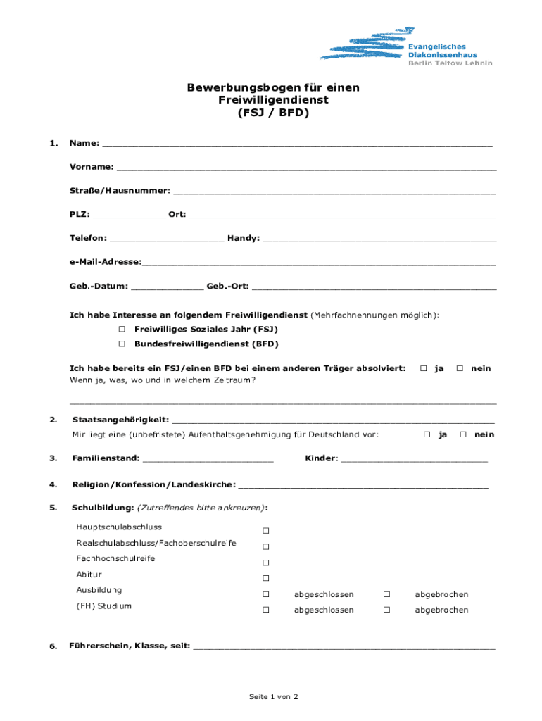 Ausfüllbar Online Bewerbungsbogen fr einen Freiwilligendienst (FSJ / BFD) Fax Email Drucken ...