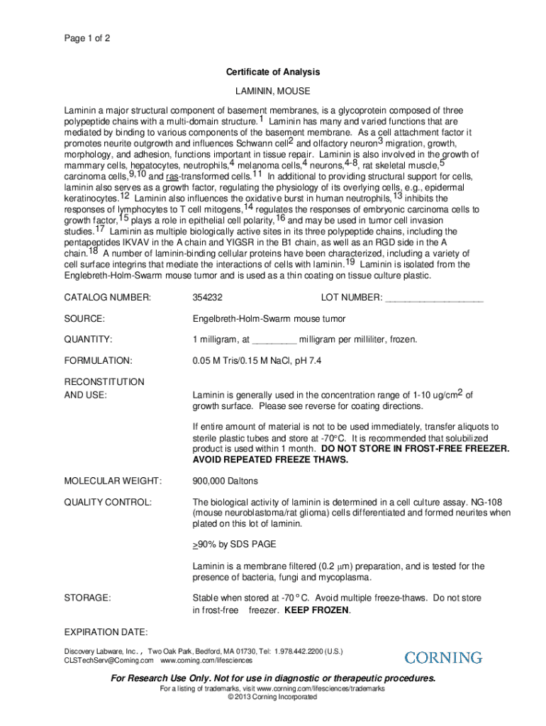 Fillable Online Certificate of Analysis LAMININ, MOUSE Fax Email Print ...