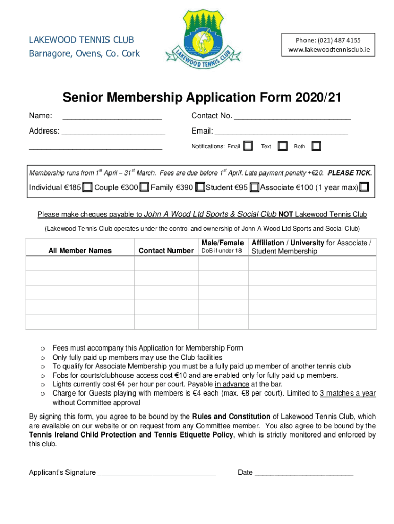 Fillable Online Senior Membership Application Form 2020/21 Fax Email ...