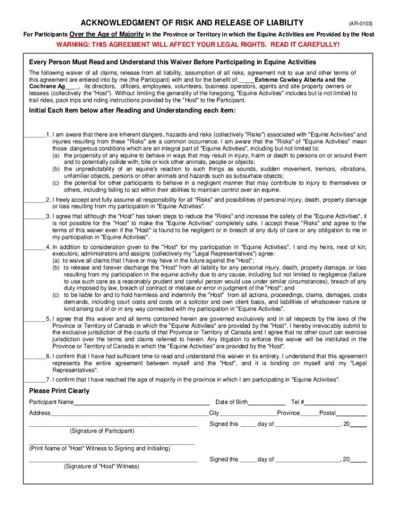 Fillable Online ACKNOWLEDGMENT OF RISK AND RELEASE OF ... Fax Email Print - pdfFiller
