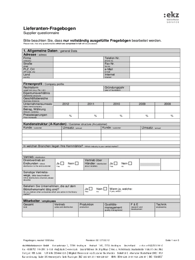 Fillable Online Supplier Questionnaire from Lieferantenselbstauskunft von Fax Email Print ...