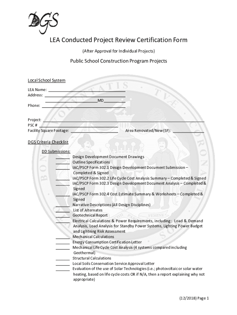 Fillable Online dgs state md LEA Conducted Project Review Certification ...