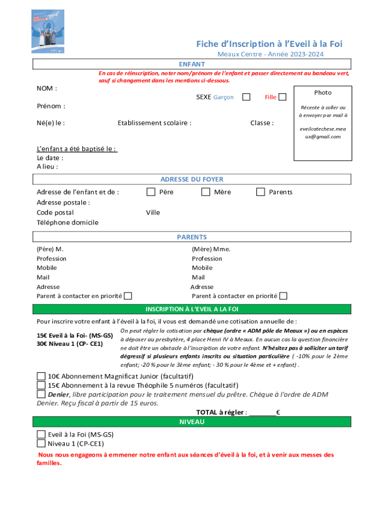 Remplissable En Ligne Fiche d'Inscription l'Eveil la Foi - Meaux Centre Fax Email Imprimer ...