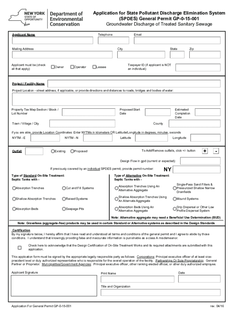 Fillable Online Application for SPDES GP-0-15-001. Application for SPDES GP-0-15-001 Fax Email ...