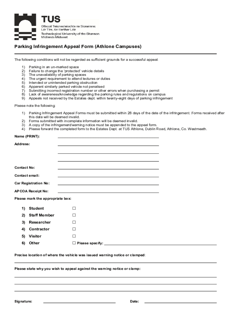 Fillable Online Parking Infringement Appeal Form (Athlone Campuses) Fax ...