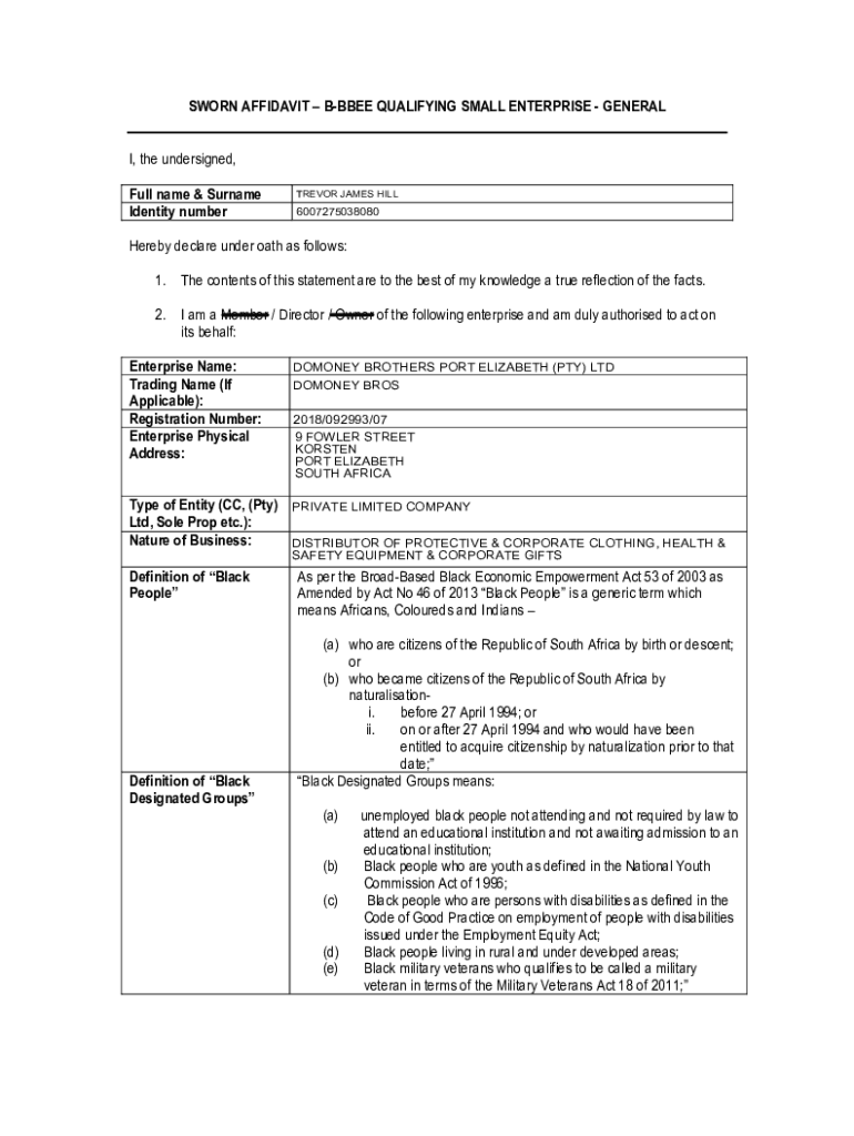 Fillable Online sworn affidavit b-bbee qualifying small enterprise ...
