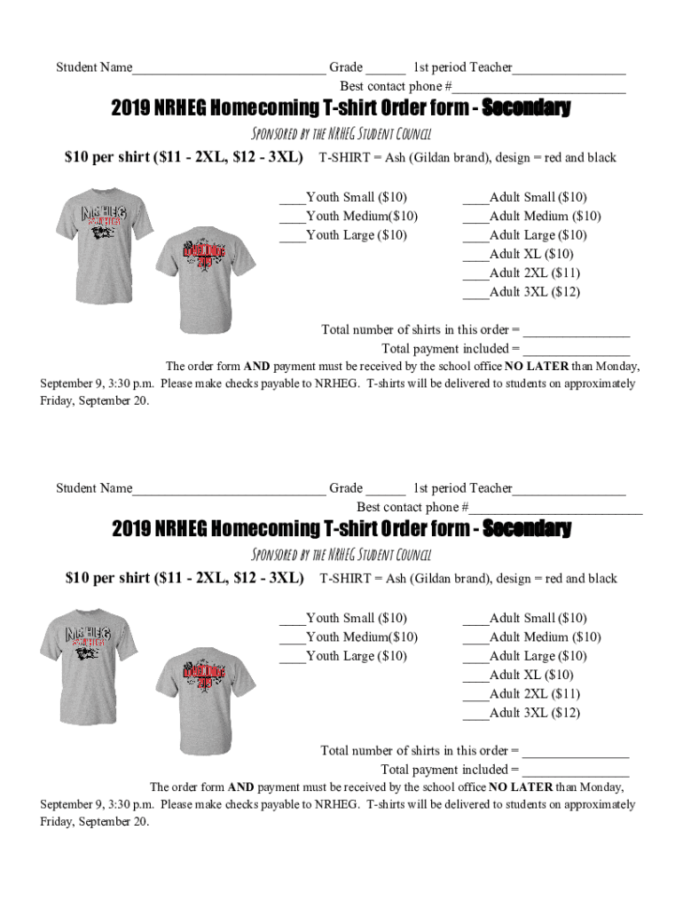 Fillable Online 2019 NRHEG Homecoming T-shirt Order form - Secondary ...