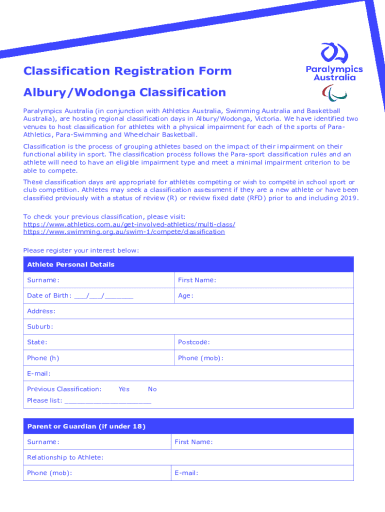 Fillable Online Classification Registration Form Albury/Wodonga Classification Fax Email Print ...