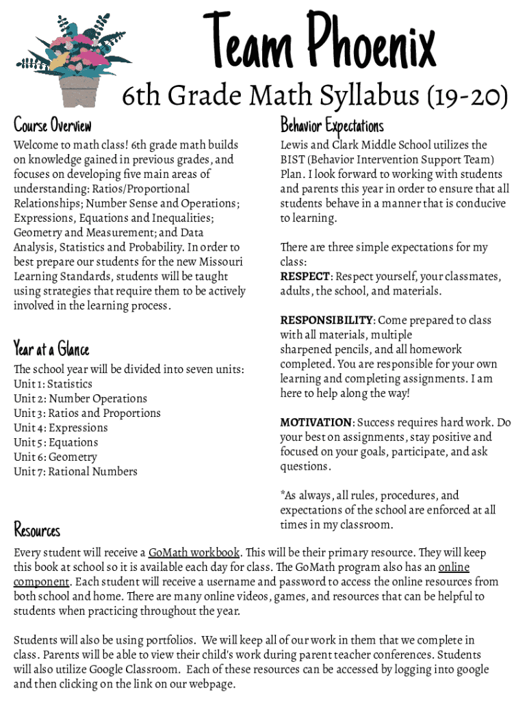 Fillable Online 6th Grade Math Syllabus (19-20) Fax Email Print - pdfFiller