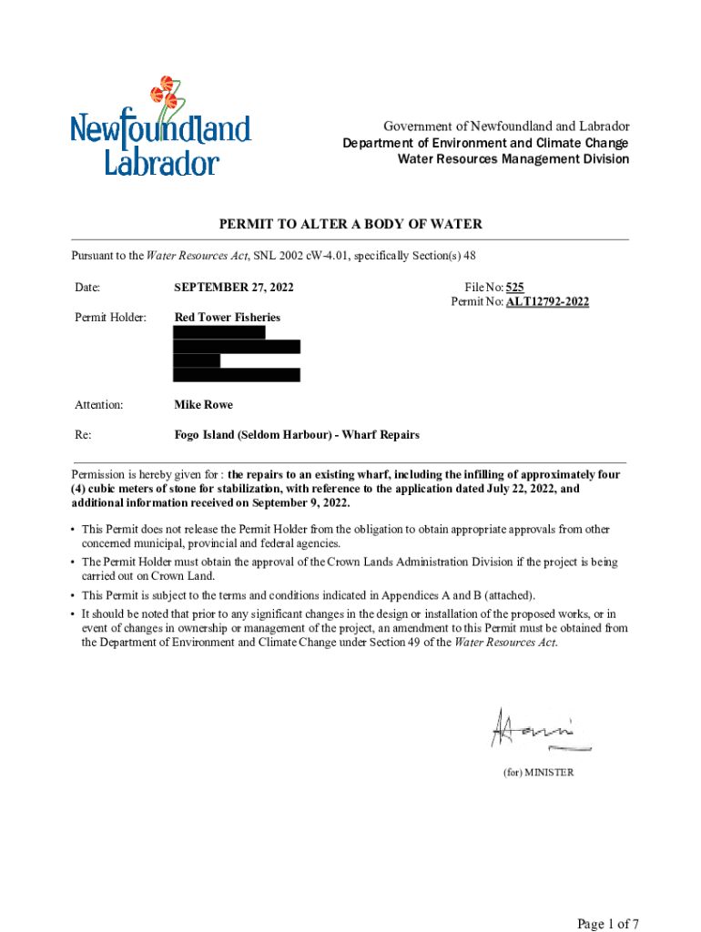 Fillable Online Government of Newfoundland and Labrador PERMIT TO ...