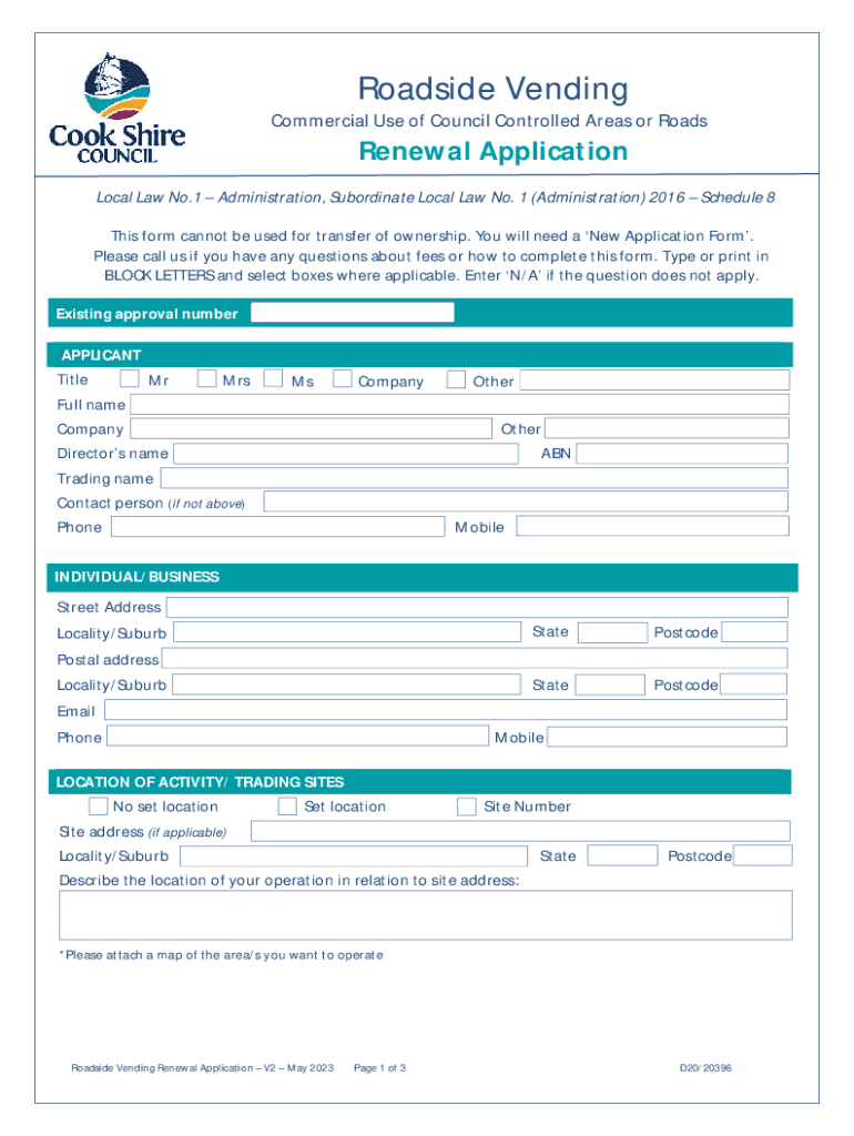 Fillable Online D20 20396 (Revision 2)PUBLIC TEMPLATE - Roadside Vending Renewal Application ...