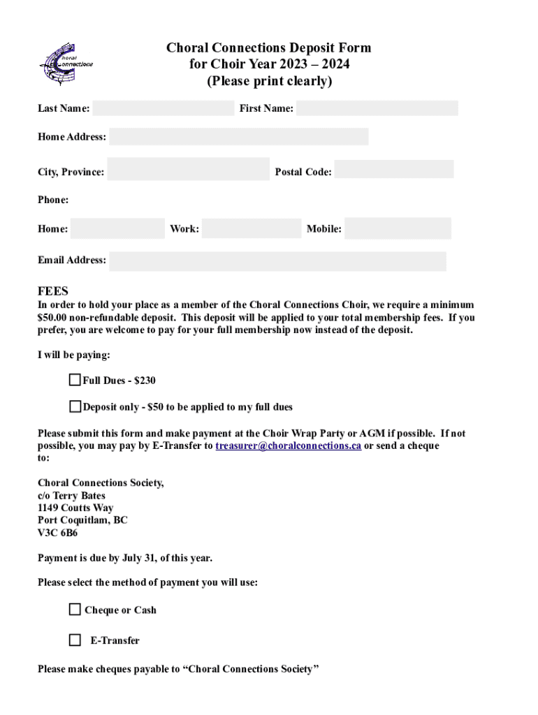 Fillable Online Choral Connections Deposit Form for Choir Year 2023 Fax Email Print - pdfFiller