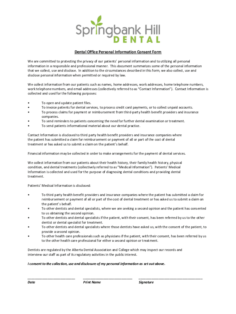 Fillable Online patient consent form for collection, use and - The Dentistry Place Fax Email ...