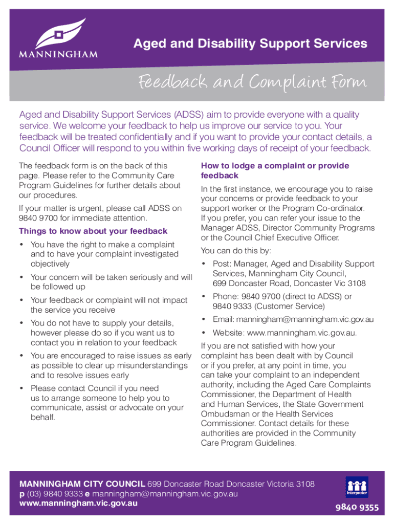 Fillable Online Complaint and Feedback Form - Disability Support ...