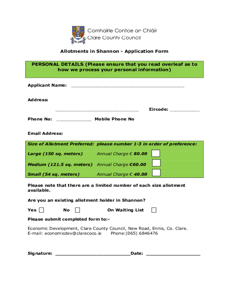 Fillable Online Allotments in Shannon - Application Form Fax Email ...