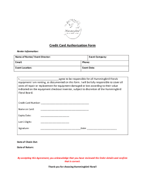Fillable Online Credit Card Authorization Form Hummingbird Floral Fax ...