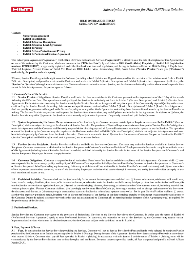 Fillable Online Subscription agreement - Exhibit 1: Definitions - Exhibit 2: Service Fax Email ...