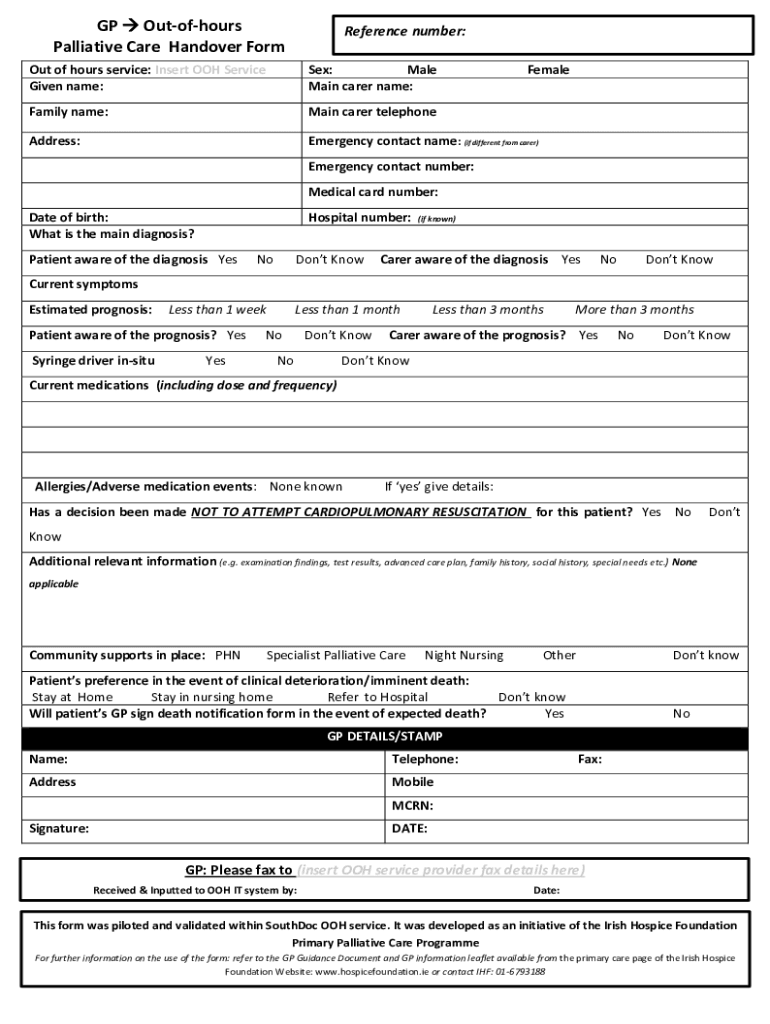 Fillable Online GP Out-of-hours Palliative Care Handover Form Fax Email ...