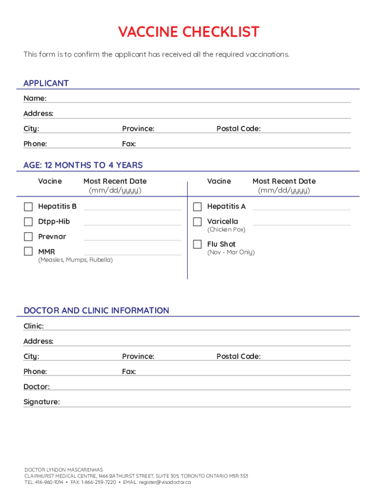 Fillable Online VACCINE CHECKLIST Fax Email Print - pdfFiller