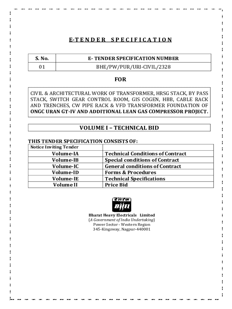 Fillable Online 1 TENDER SPECIFICATION BHE/PW/PUR/KRSR-ESP/ ... Fax ...