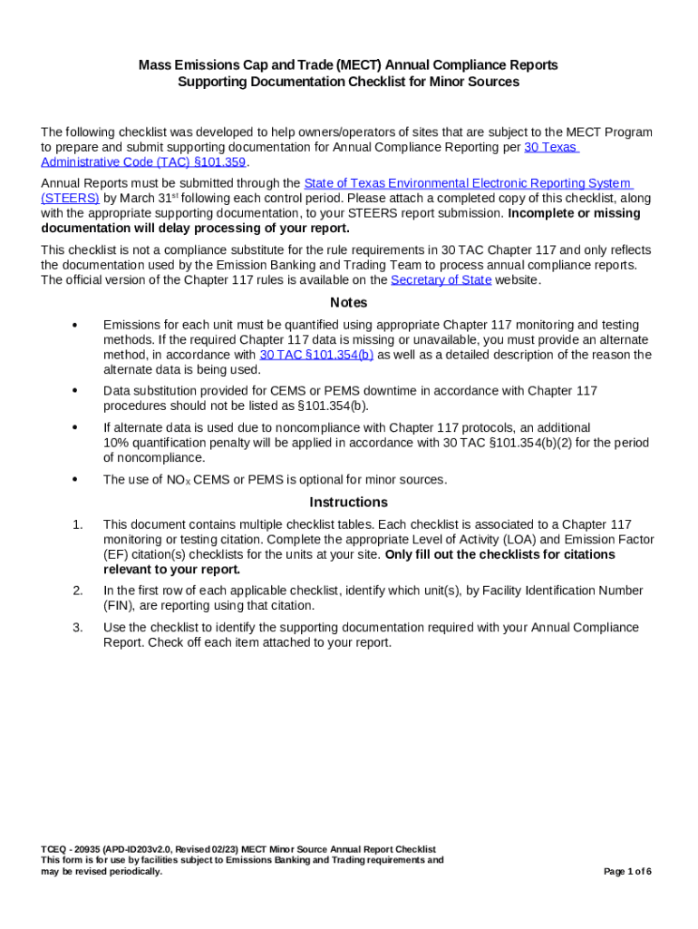 TCEQ 20935 - Mass Emissions Cap and Trade (MECT) Annual Compliance Reports Supporting ...