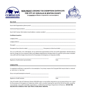 Fillable Online NON-PROFIT LODGING TAX EXEMPTION CERTIFICATE ... Fax ...
