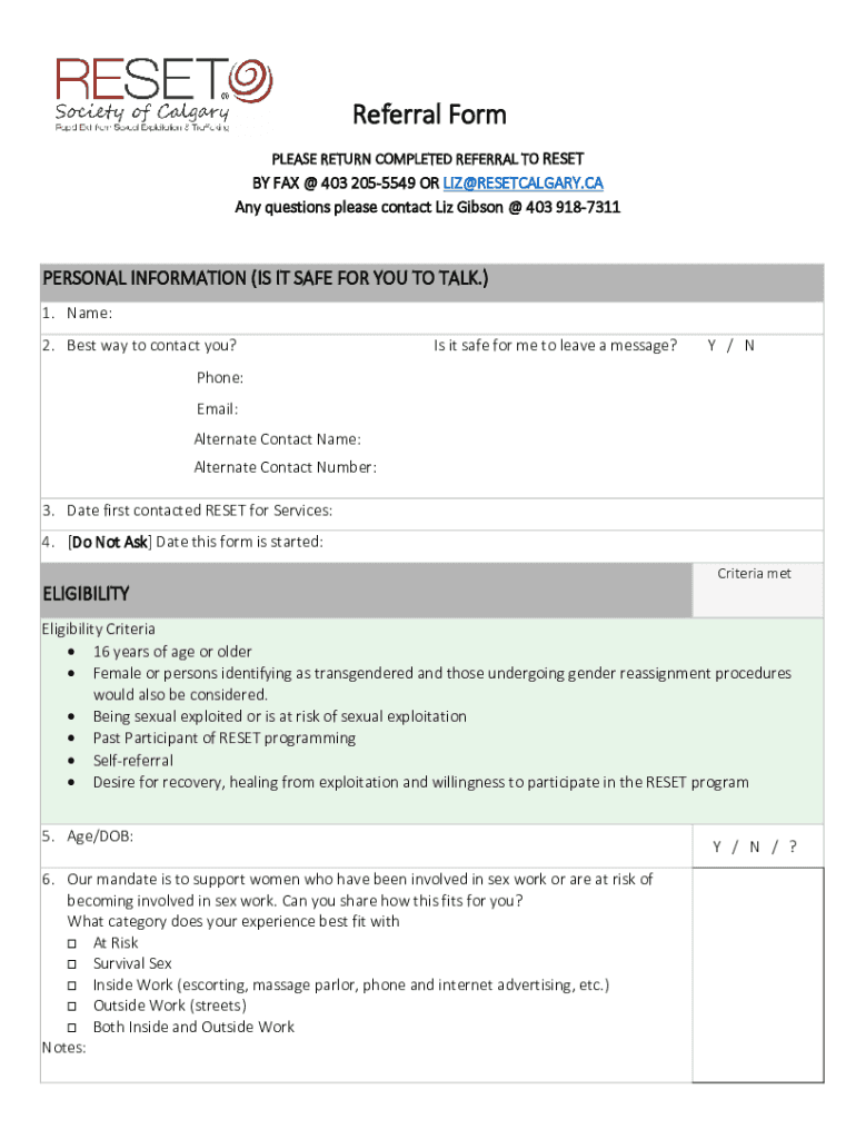 Fillable Online PLEASE RETURN COMPLETED REFERRAL TO RESET Fax Email Print - pdfFiller