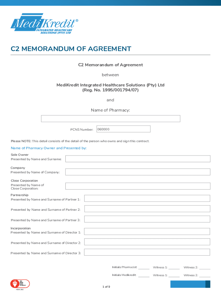 Fillable Online C2 MEMORANDUM OF AGREEMENT Fax Email Print - pdfFiller