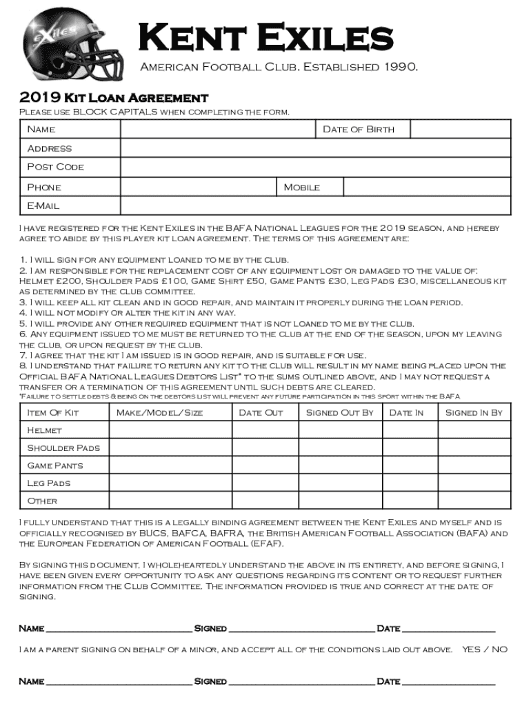 Fillable Online kentexiles co 2019-Players-Kit-Loan-Agreement. ... Fax ...