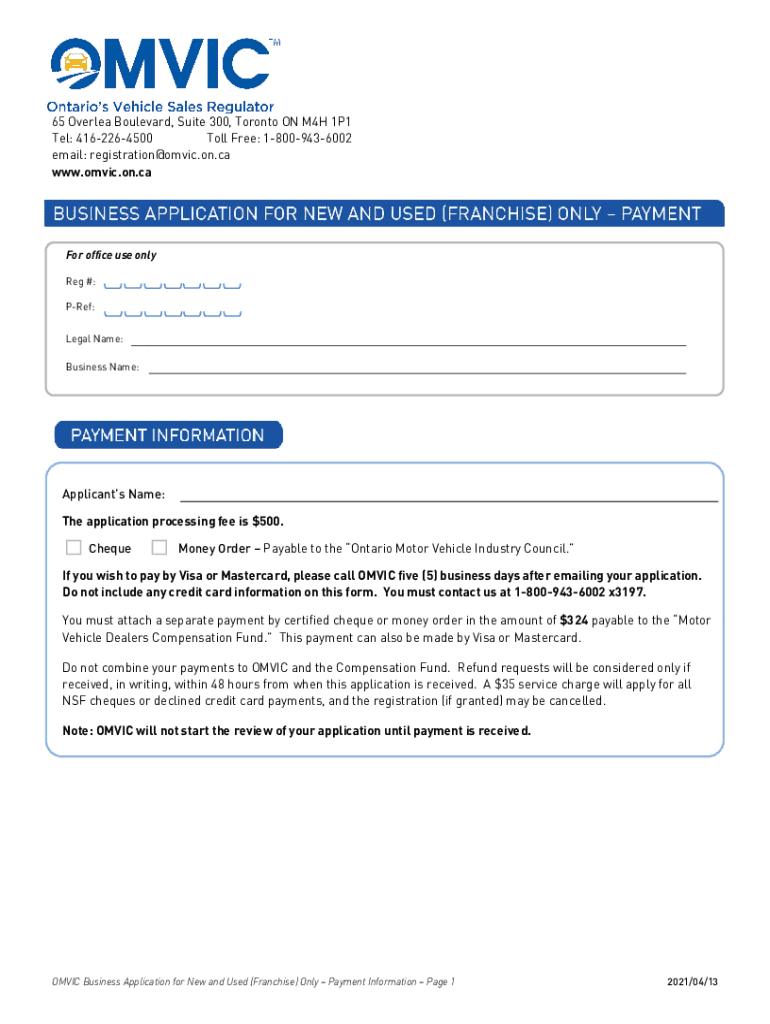Fillable Online omvic on Do not include any credit card information on ...