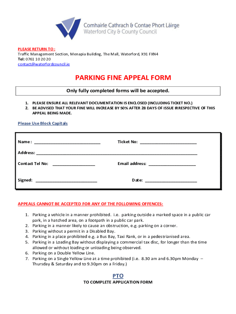 Fillable Online PARKING FINE APPEAL FORM Fax Email Print - pdfFiller