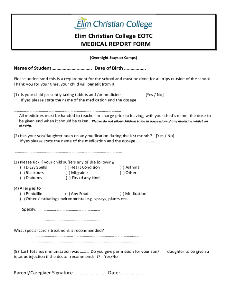 Fillable Online Elim Christian College EOTC MEDICAL REPORT FORM Fax ...