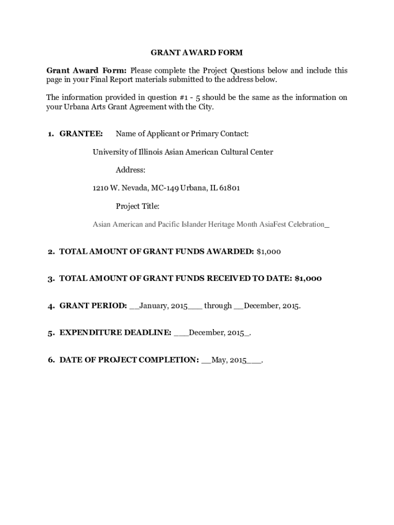 Fillable Online grant award form Fax Email Print - pdfFiller