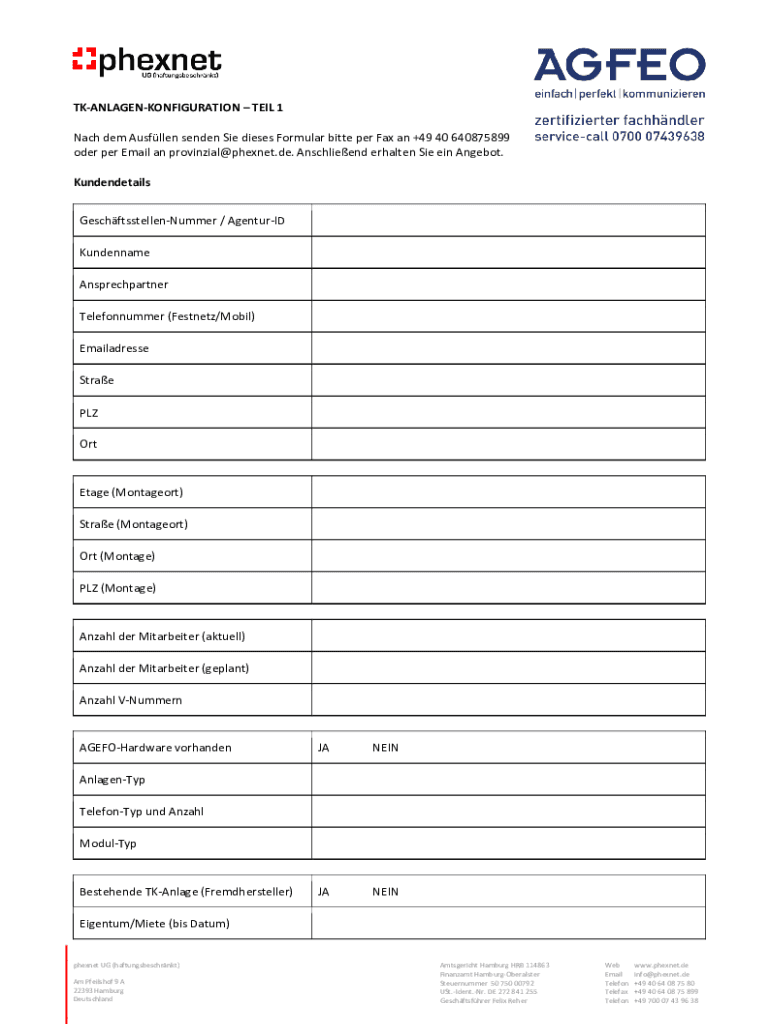 Ausfüllbar Online TK-ANLAGEN-KONFIGURATIONTEIL 1 Nach dem Ausfllen ...
