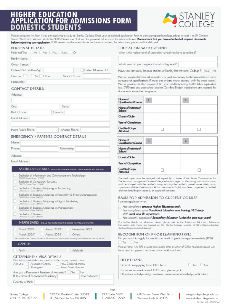 Fillable Online Higher Education Domestic Student Application Form Fax ...