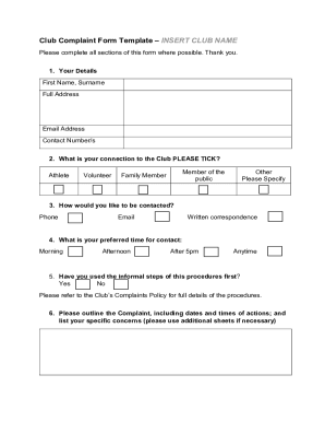 Fillable Online Club Complaint Form Template INSERT CLUB NAME Fax Email ...