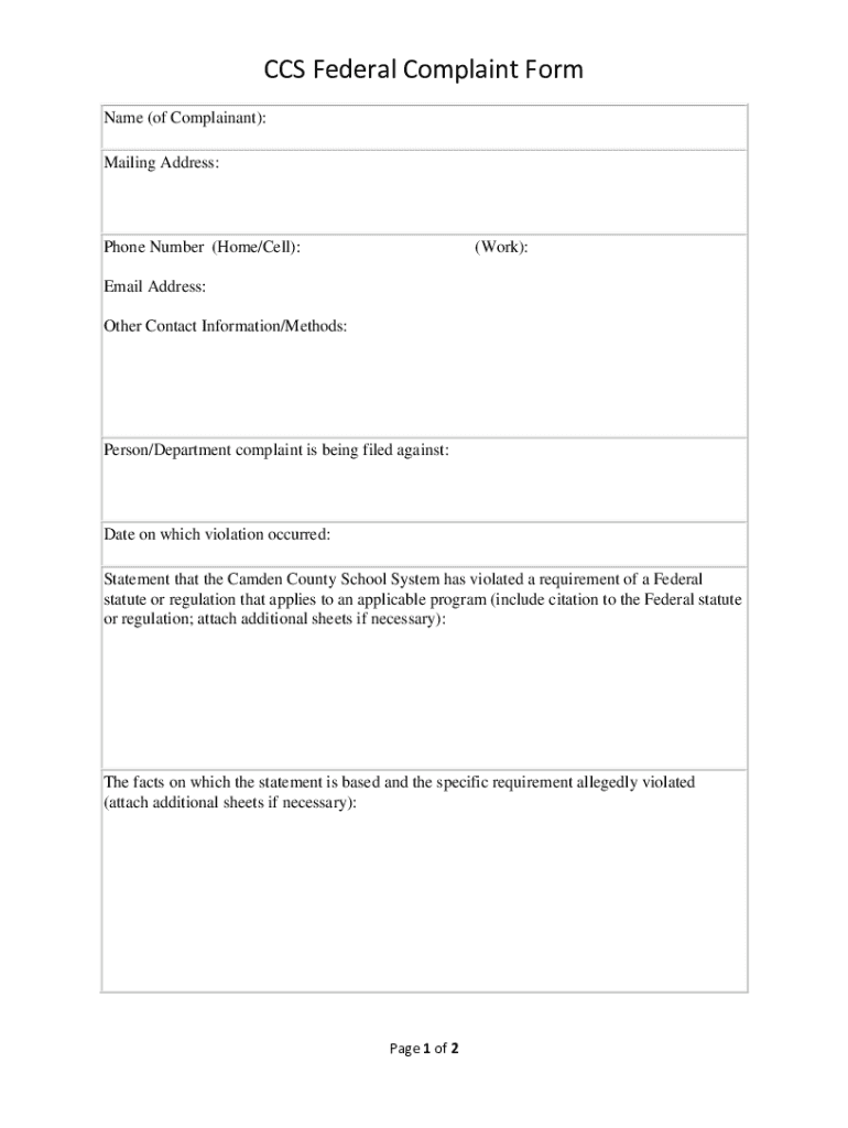 Fillable Online CCS Federal Complaint Form Fax Email Print - pdfFiller
