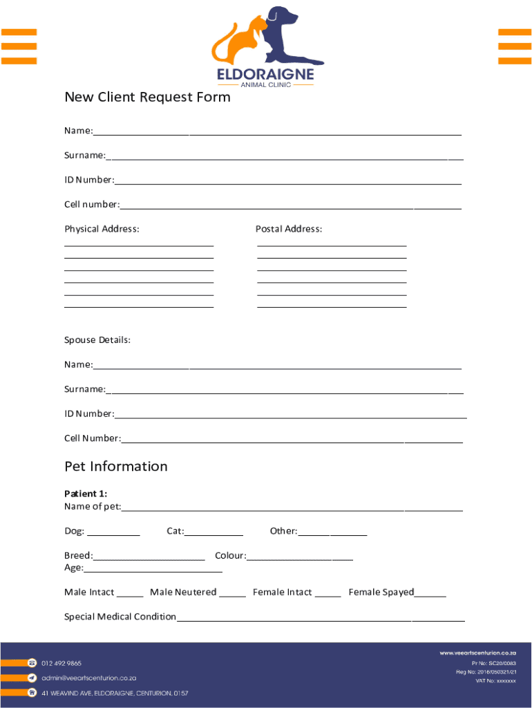 Fillable Online New Client Request Form Pet Information Fax Email Print ...
