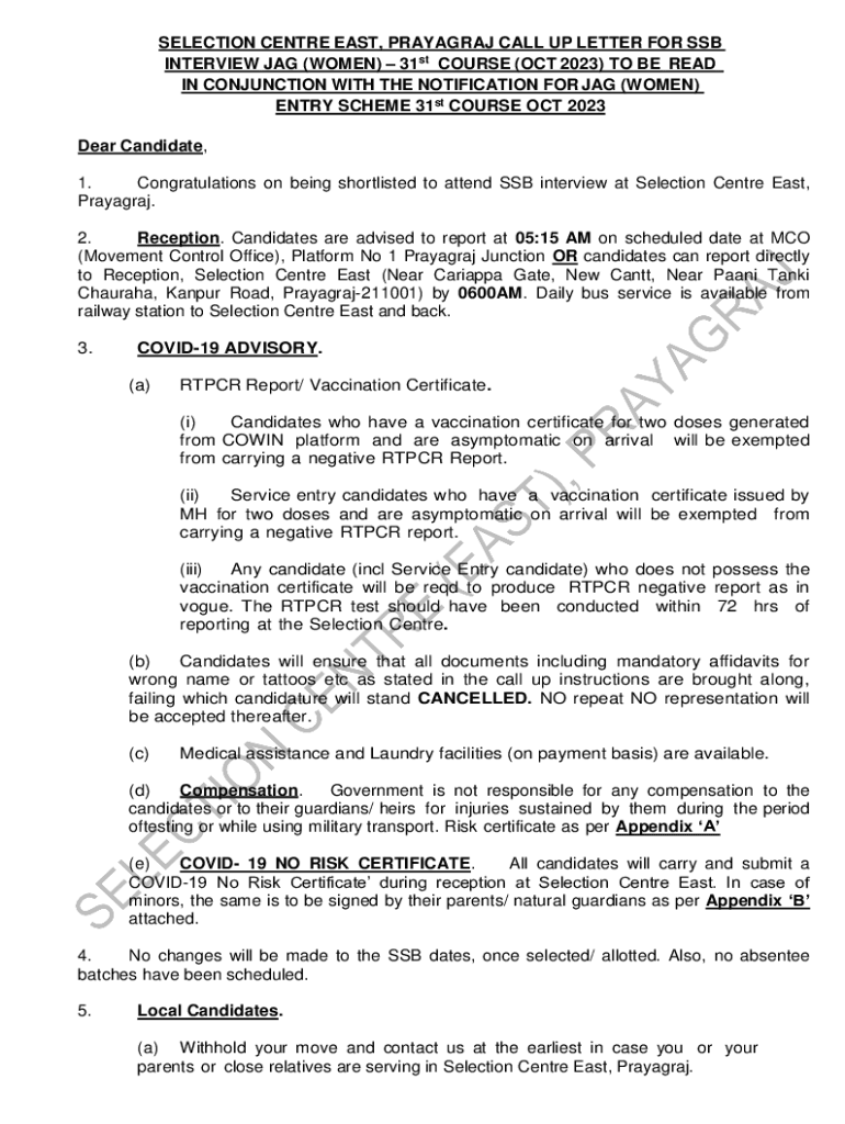 Fillable Online selection centre east, prayagraj call up letter for ssb ...